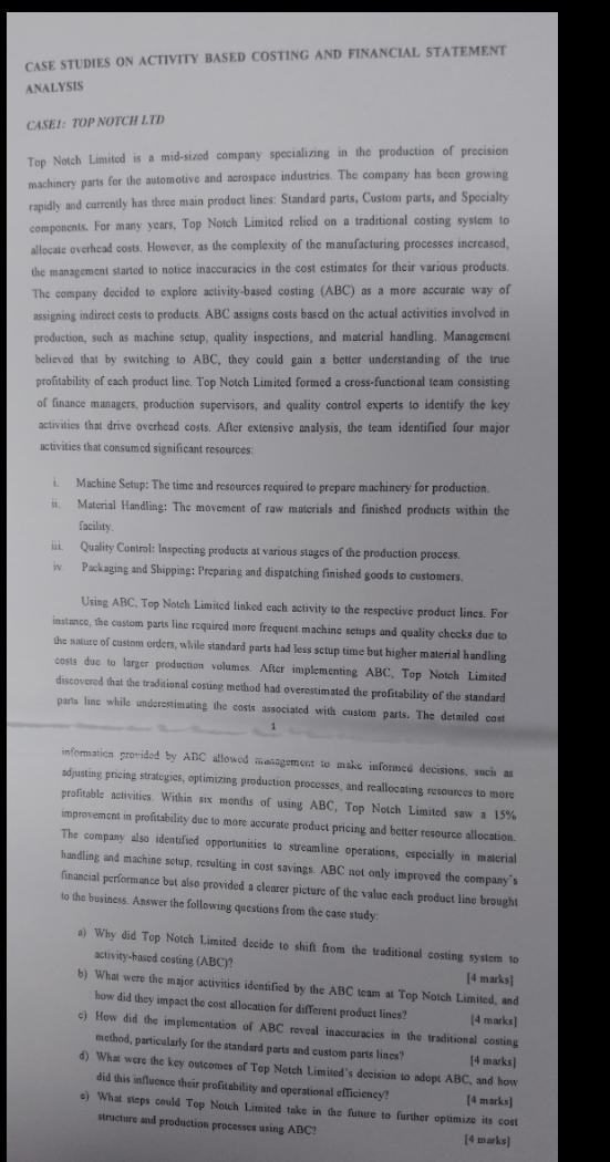 Solved CASE STUDIES ON ACTIVITY BASED COSTING AND FINANCIAL | Chegg.com