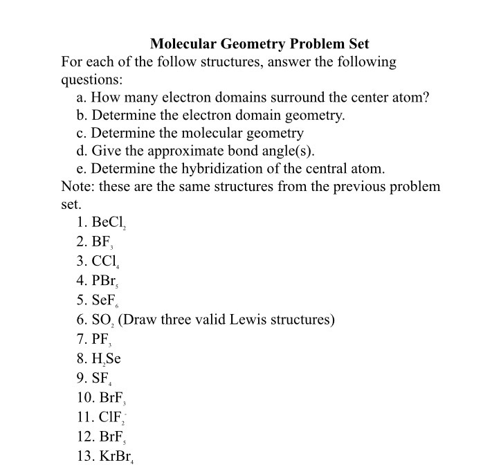 Solved Molecular Geometry Problem Set For each of the follow | Chegg.com