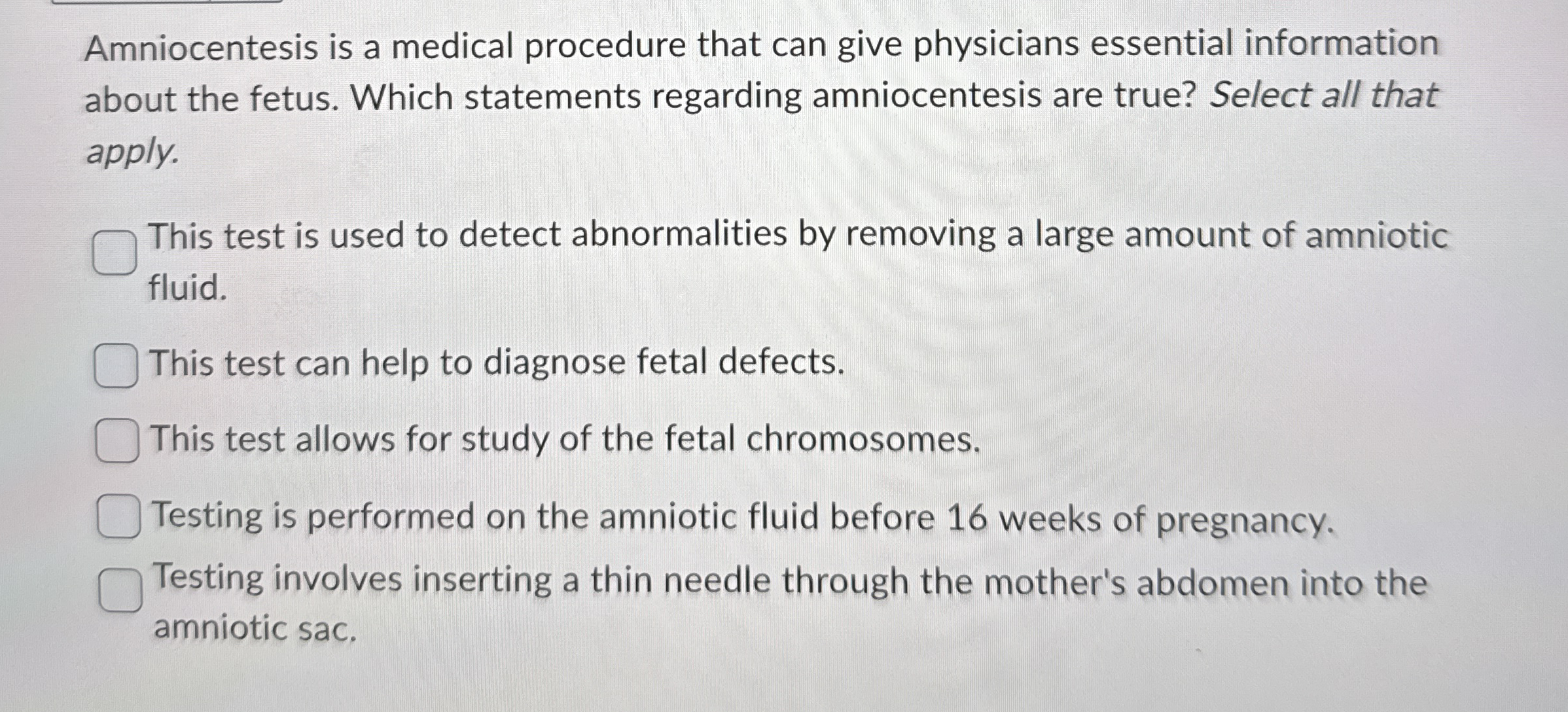 Solved Amniocentesis is a medical procedure that can give | Chegg.com