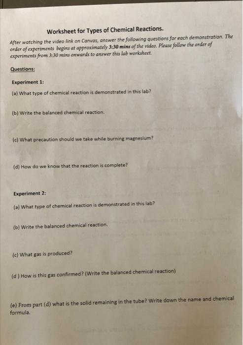Solved Worksheet for Types of Chemical Reactions. After | Chegg.com