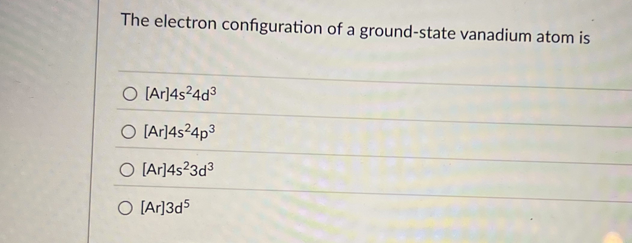 Solved The electron configuration of a ground-state vanadium | Chegg.com