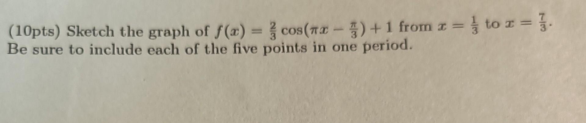Solved (10pts) Sketch the graph of f(x)=32cos(πx−3π)+1 from | Chegg.com