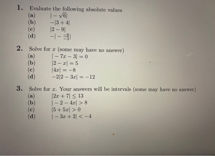 Solved 1. Evaluate the following absolute values (a) 1-16 | Chegg.com