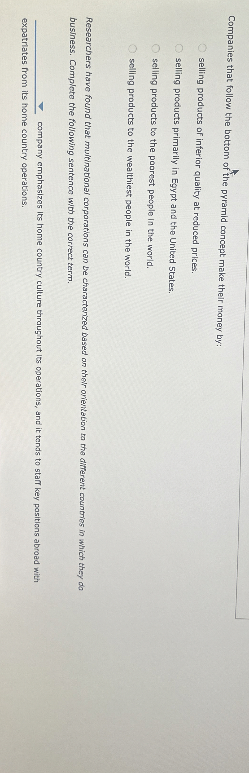 Solved Companies that follow the bottom of the pyramid | Chegg.com