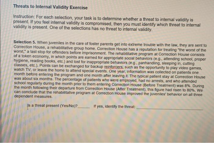 Solved Threats to Internal Validity Exercise Instruction: | Chegg.com