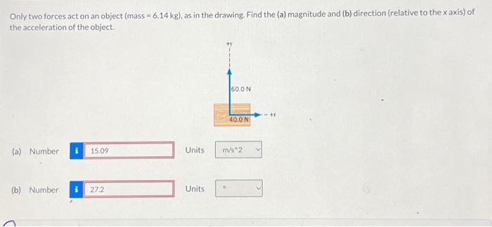 Solved Only two forces act on an object (mass =6.14 kg ), as | Chegg.com