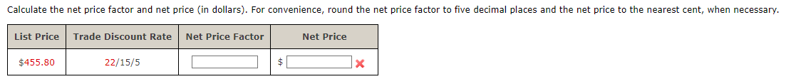 Solved Calculate the net price factor and net price (in | Chegg.com