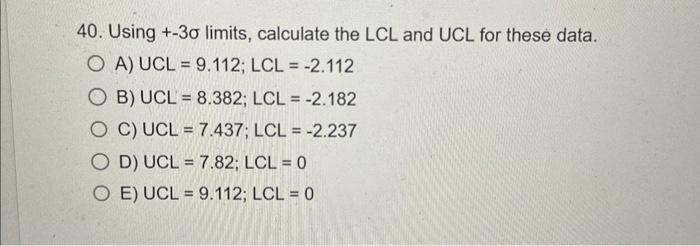 Solved 40. Using +−3σ limits, calculate the LCL and UCL for | Chegg.com
