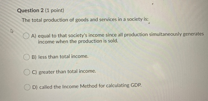 Solved Question 2 (1 point) The total production of goods | Chegg.com