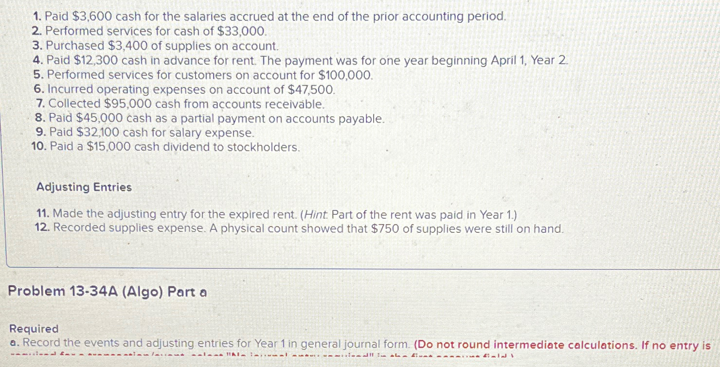 Solved Problem 13-34A (Algo) ﻿Two complete accounting cycles | Chegg.com