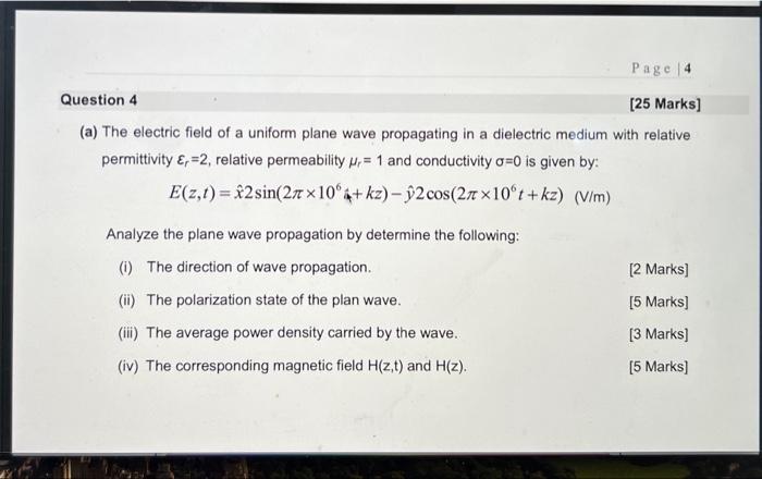 Solved (a) The electric field of a uniform plane wave | Chegg.com