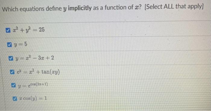 Solved Which equations define y implicitly as a function of | Chegg.com