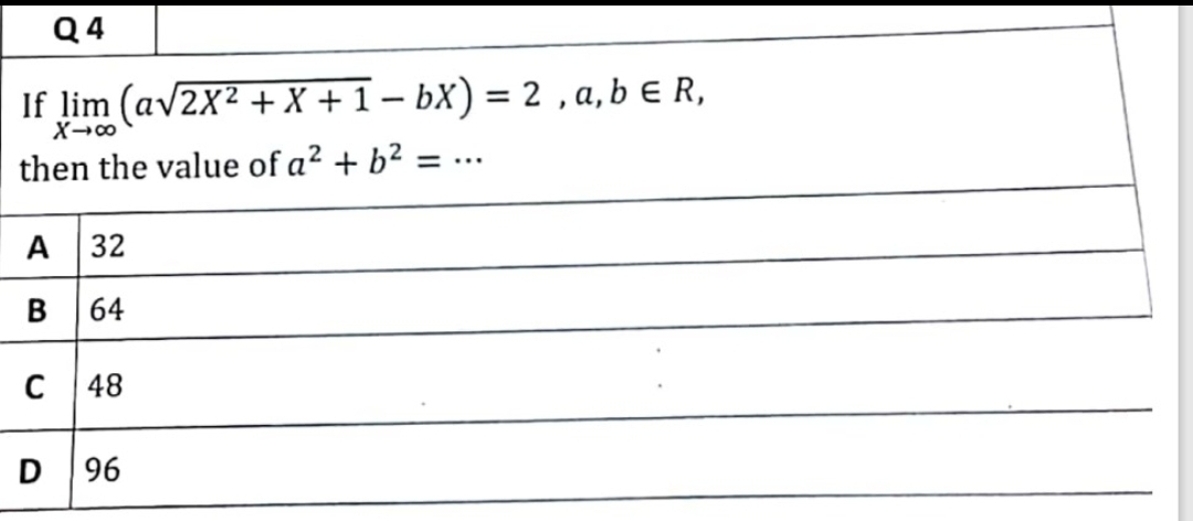 Solved Q 4If limx→∞(a2x2+x+12-bx)=2,a,binR, then the value | Chegg.com