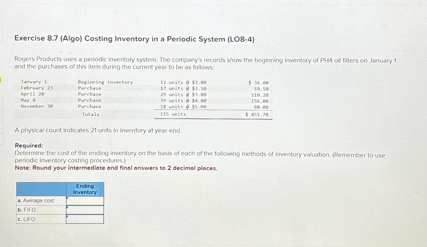 Solved Exercise 8.7 (Algo) ﻿Costing Inventory in a Periodic | Chegg.com
