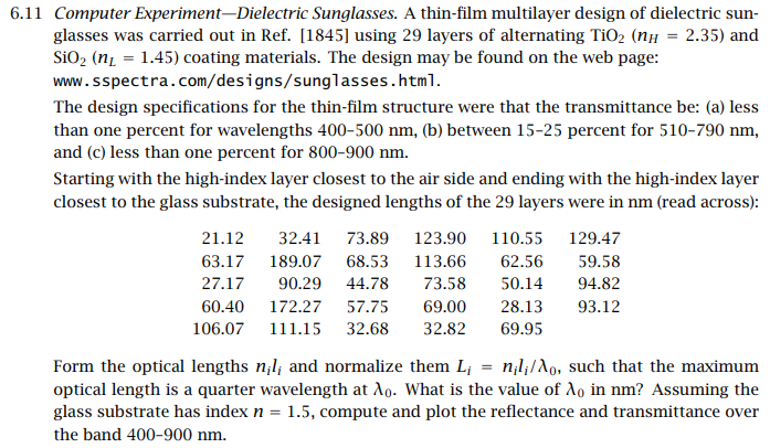 Solved 6.11 ﻿Computer Experiment-Dielectric Sunglasses. A | Chegg.com
