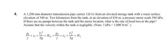 Solved A 1,200-mm diameter transmission pipe carries 126l/s | Chegg.com
