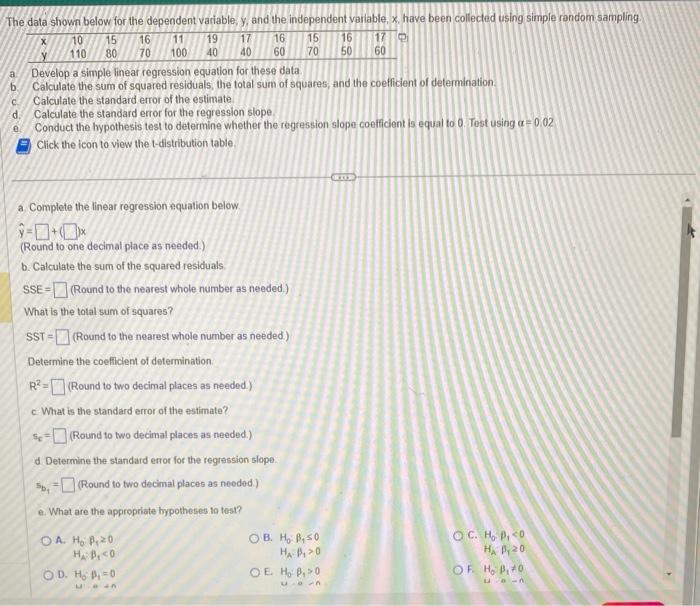 Solved Develop a simple linear regression equation for these | Chegg.com