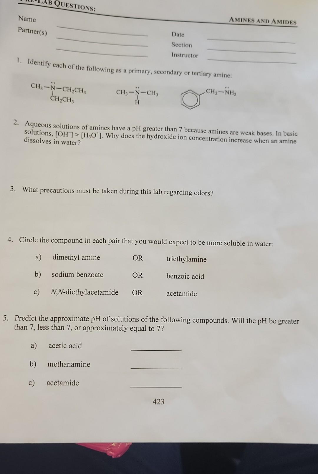 Solved AMINES AND AMIDES Name Partner(s) Date Section | Chegg.com