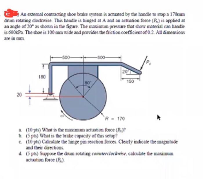 Solved An external contracting shoe brake system is actuated | Chegg.com