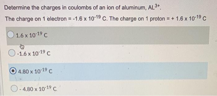 Solved Determine the charges in coulombs of an ion of | Chegg.com