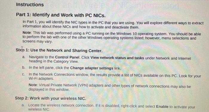 Solved Objectives Part 1: Identify and Work with PC NICS | Chegg.com