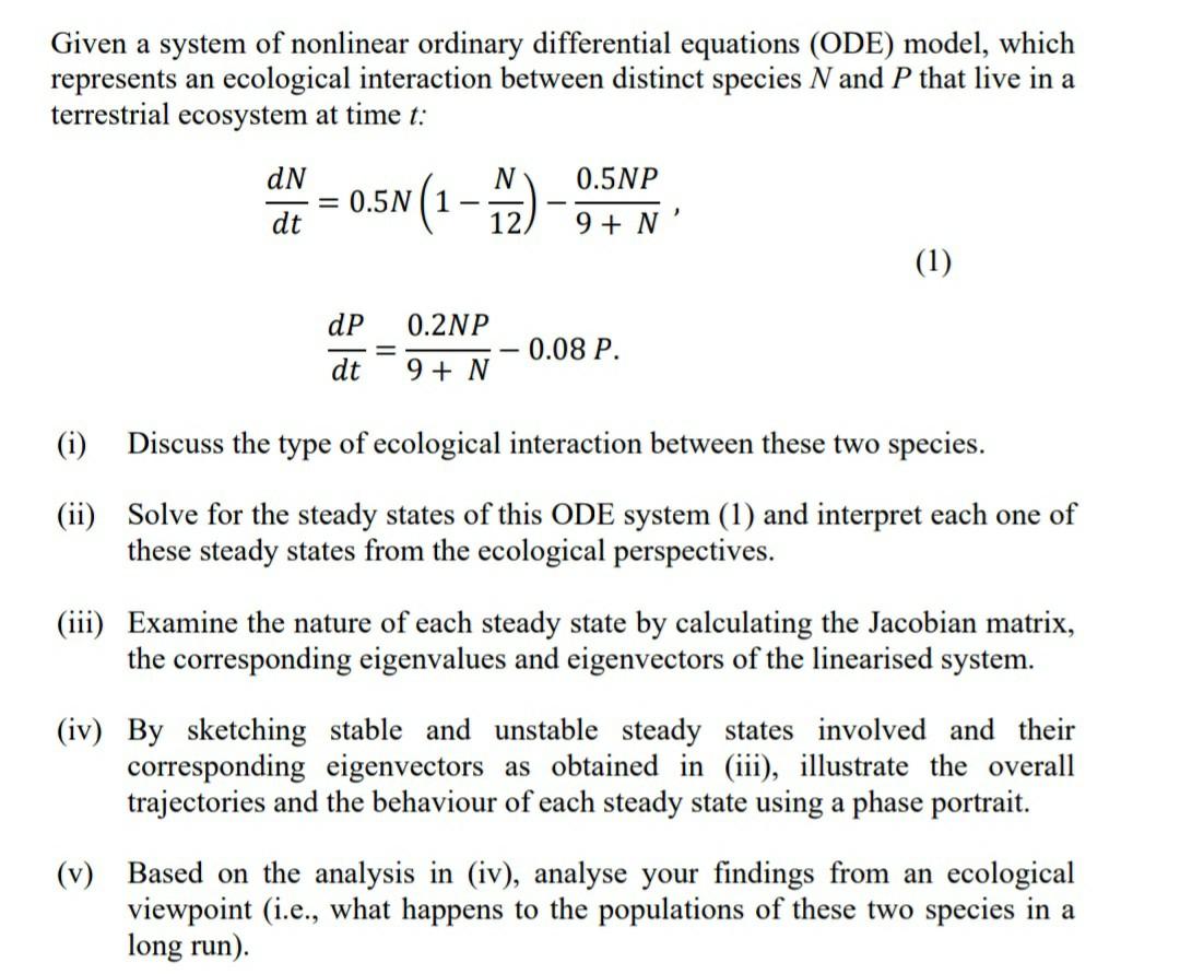 Solved Given A System Of Nonlinear Ordinary Differential