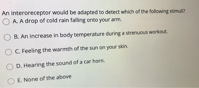 Solved An interoreceptor would be adapted to detect which of | Chegg.com