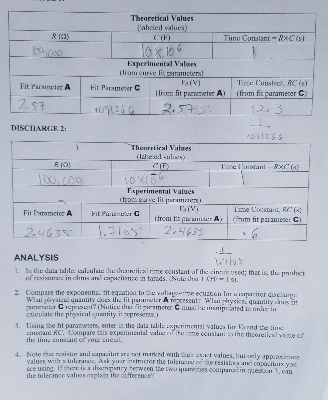 Solved DISCHARGE 2: ANALYSIS 1. In the data table, calculate | Chegg.com