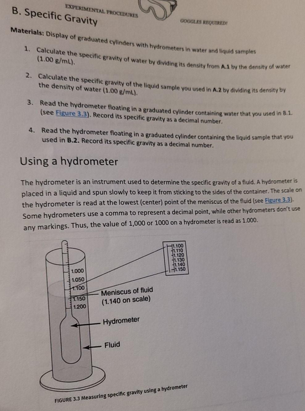 EXPERIMENTAL PROCEDURES B. Specific Gravity | Chegg.com
