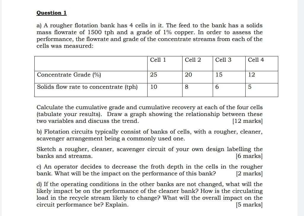 Solved Question 1 a) A rougher flotation bank has 4 cells in | Chegg.com