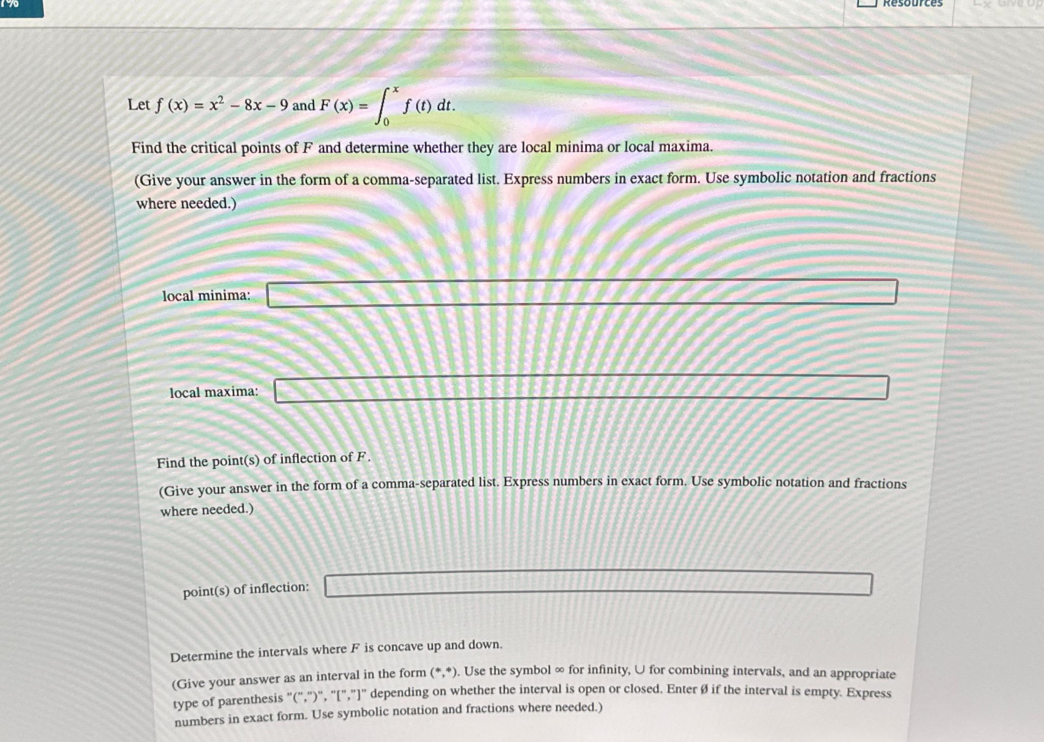 Solved Let f(x)=x2-8x-9 ﻿and F(x)=∫0xf(t)dt.Find the | Chegg.com
