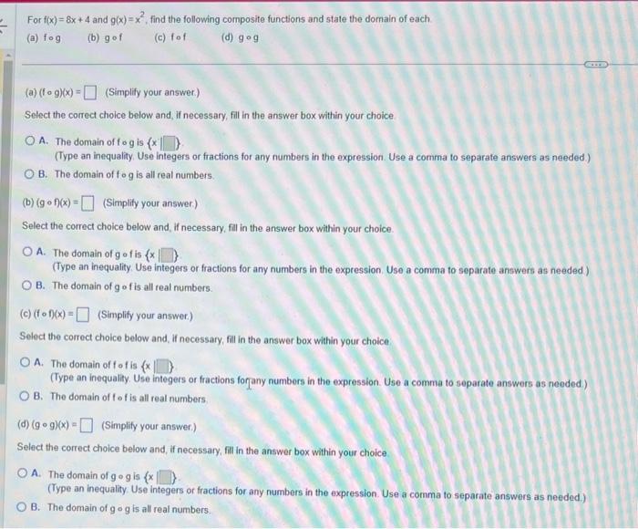 Solved For f(x)=8x+4 and g(x)=x2. find the following | Chegg.com