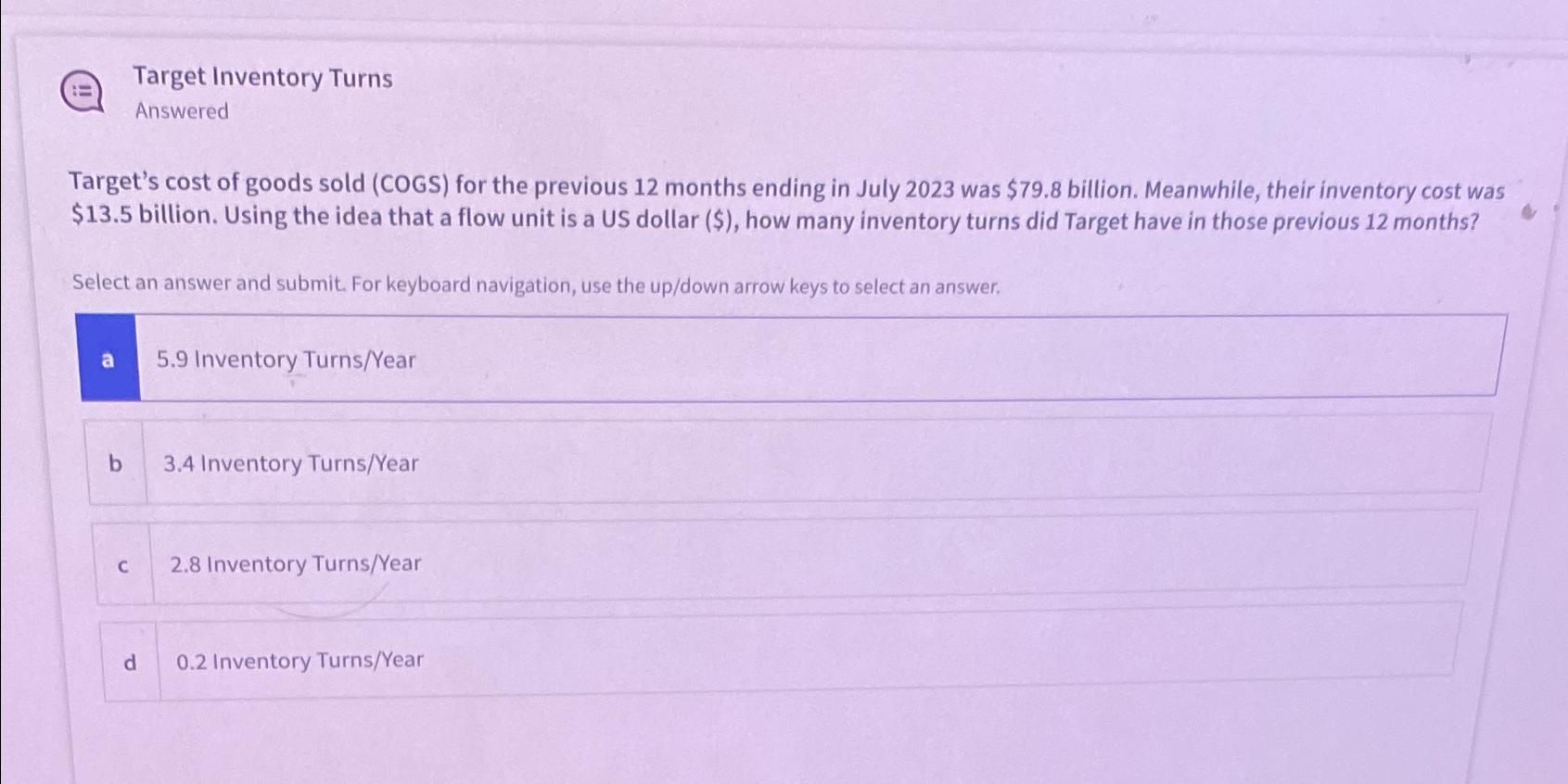 Solved Target Inventory TurnsAnsweredTarget's cost of goods | Chegg.com