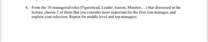 Solved 6. From the 10 managerial roles (Figurehead, Leader, | Chegg.com