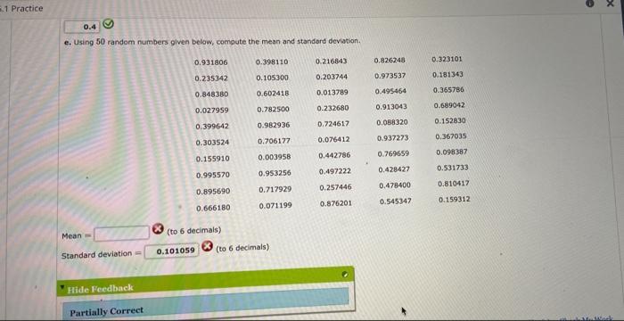 Solved 1 Practice > 0.4 e. Using 50 random numbers given | Chegg.com