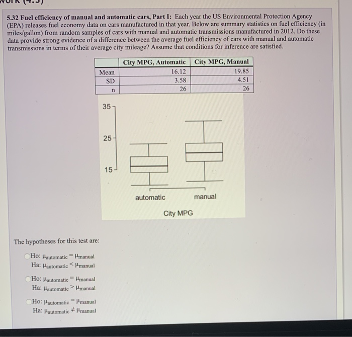 Solved VOINT.) 5.32 Fuel efficiency of manual and automatic | Chegg.com