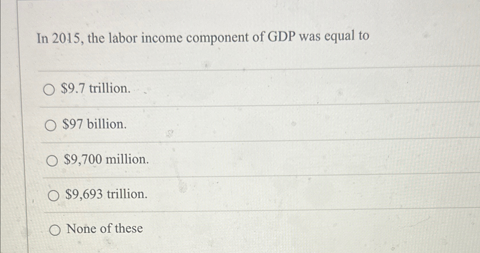 Solved In 2015, ﻿the labor income component of GDP was equal | Chegg.com