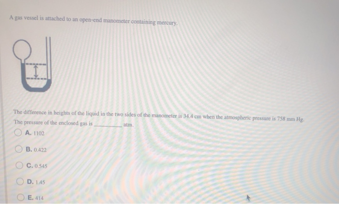 Solved A gas vessel is attached to an open-end manometer | Chegg.com