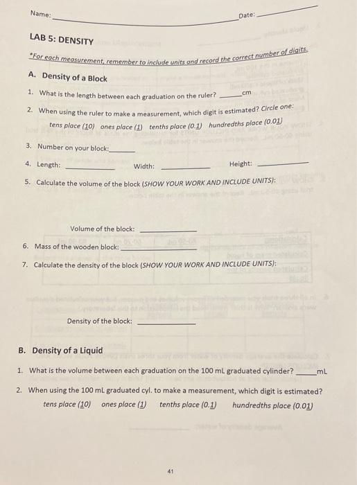 LAB 5: DENSITY "For each measurement, remember to | Chegg.com