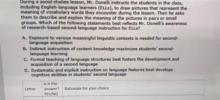 Solved During a social studies lesson, Mr. Donelli instructs | Chegg.com