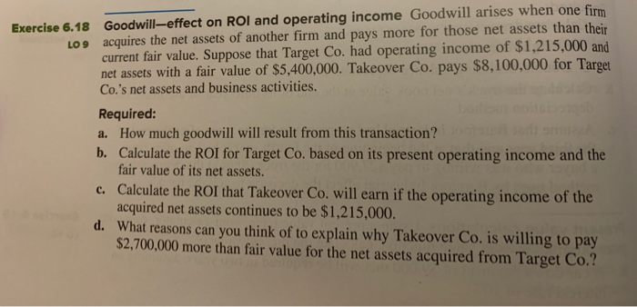 Solved Exercise 6.18 Goodwill-effect on ROI and operating | Chegg.com