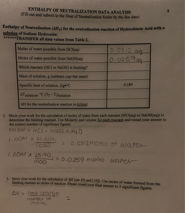 ENTHALPY OF NEUTRALIZATION DATA ANALYSIS (Fill out | Chegg.com