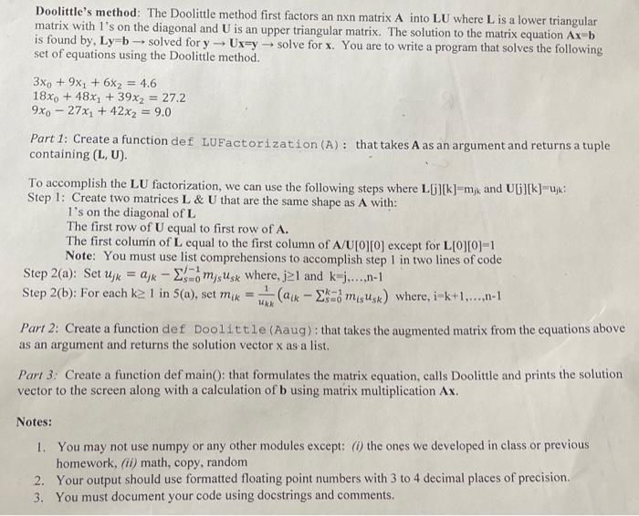 Solved Doolittle's method: The Doolittle method first | Chegg.com