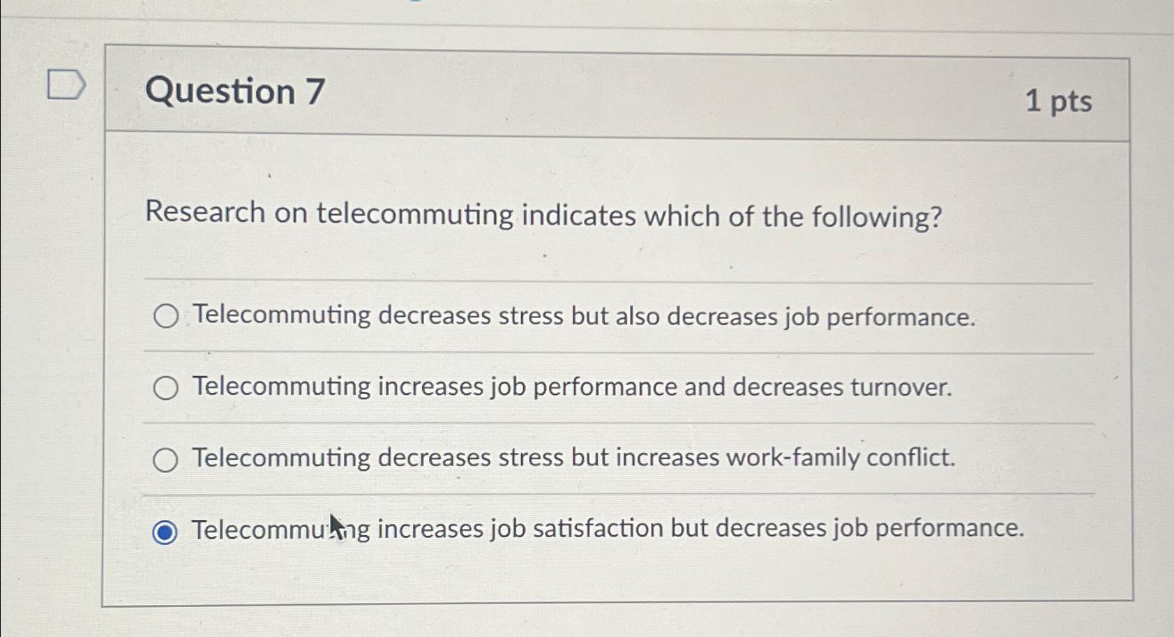 Solved Question 71ptsResearch on telecommuting indicates | Chegg.com