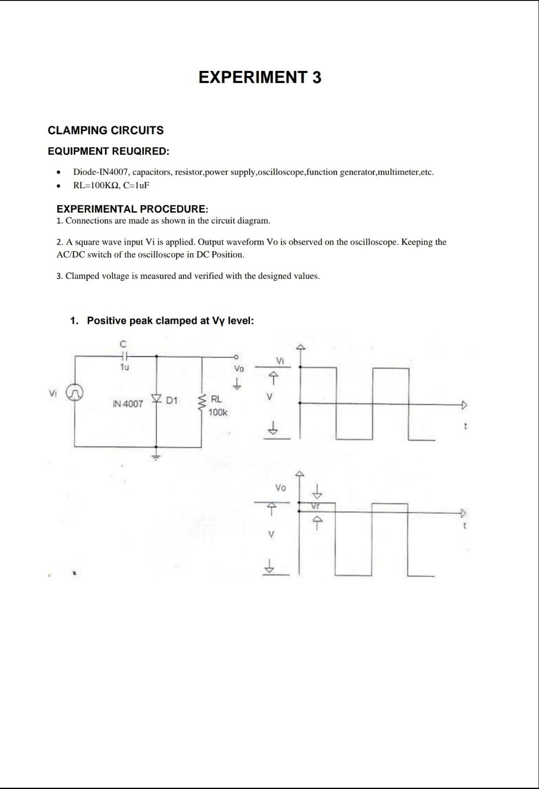 Solved EXPERIMENT 3 CLAMPING CIRCUITS EQUIPMENT REUQIRED: . | Chegg.com