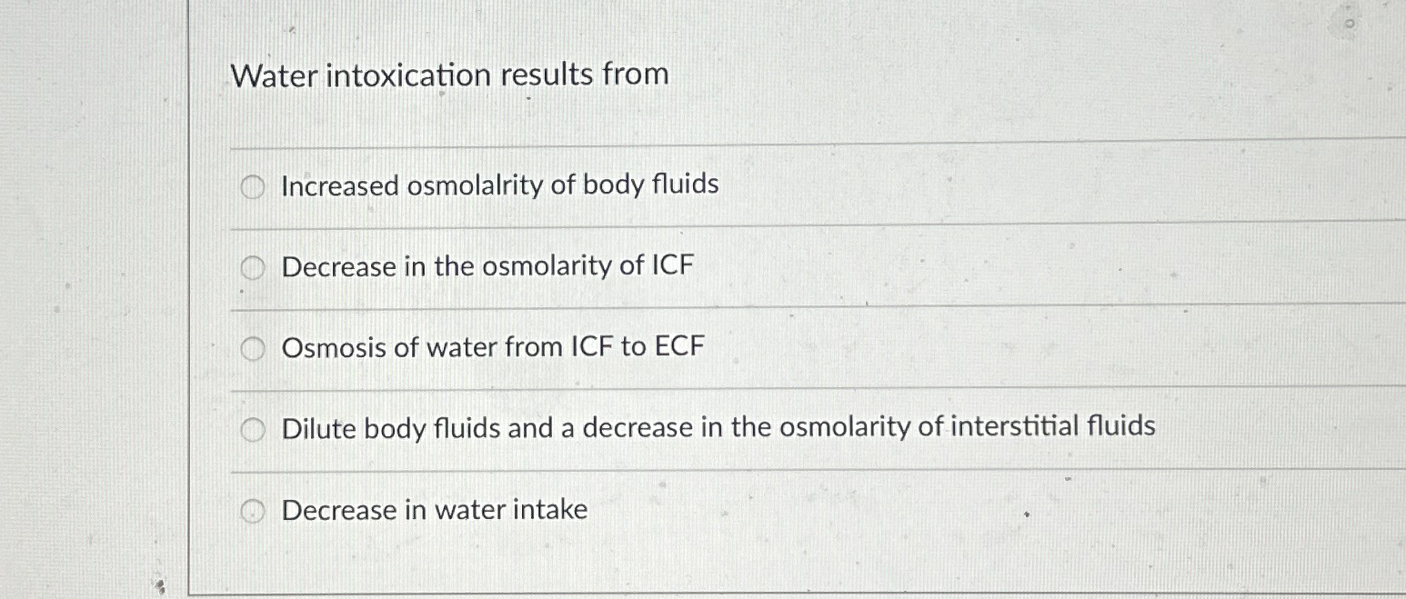 Solved Water intoxication results fromIncreased osmolalrity | Chegg.com