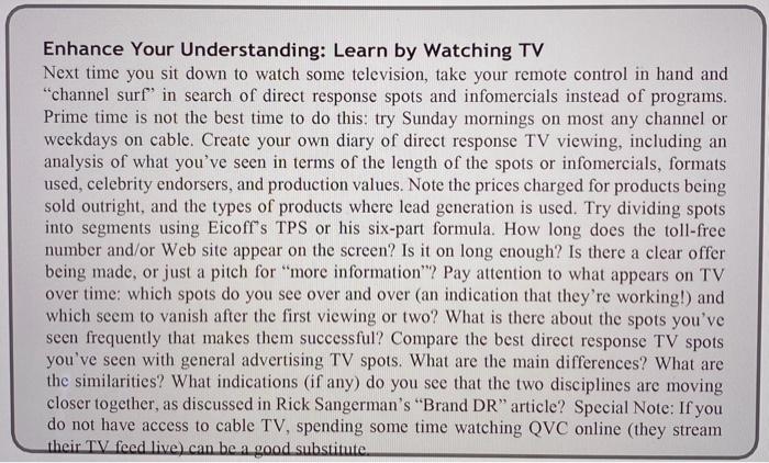 Solved Enhance Your Understanding: Learn by Watching TV Next | Chegg.com
