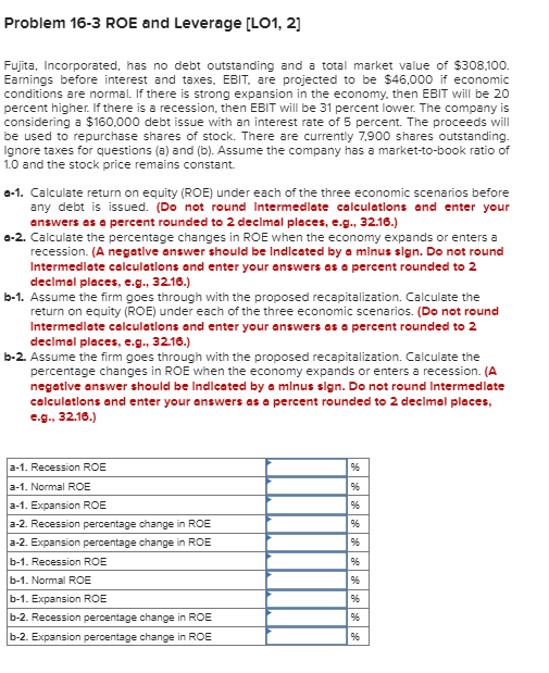 Solved Problem 16-3 ﻿ROE and Leverage [LO1, 2]Fujita, | Chegg.com