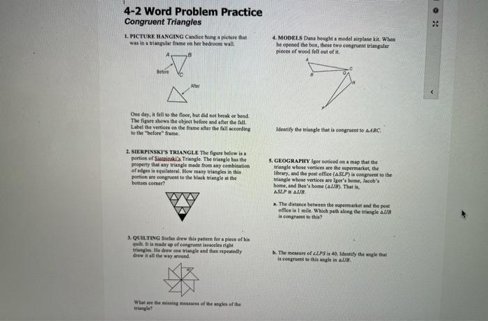 Solved 4-2 Word Problem Practice Congruent Triangles 1. | Chegg.com