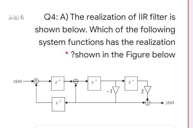 Solved 6 نقاط Q4: A) The realization of IIR filter is shown | Chegg.com